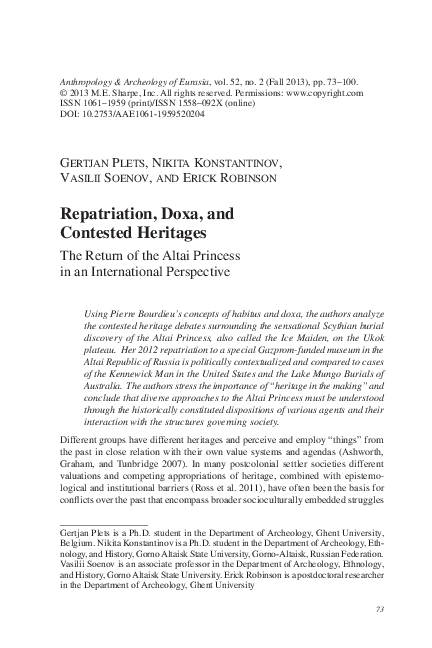 (PDF) Repatriation, Doxa, and Contested Heritages The Return of the ...