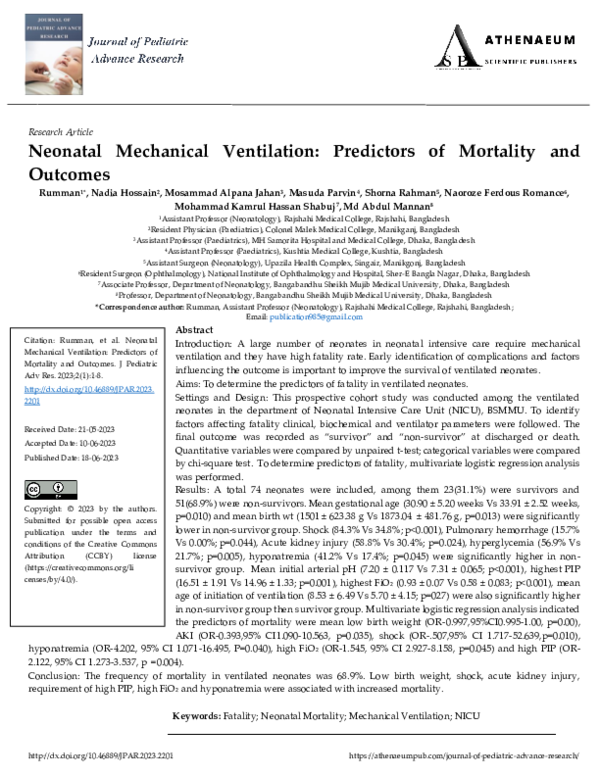 (PDF) Neonatal Mechanical Ventilation: Predictors of Mortality and Outcomes