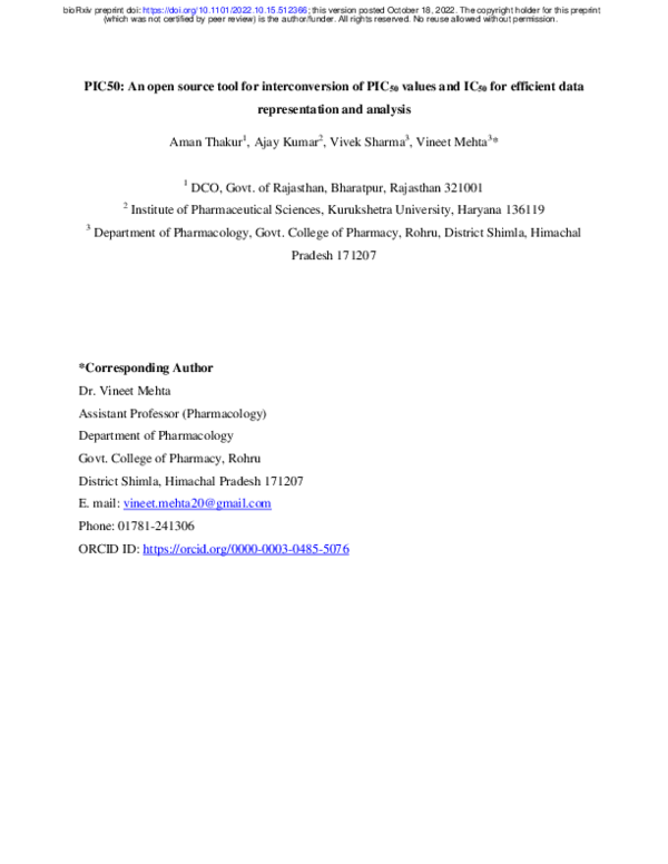 (PDF) PIC50: An open source tool for interconversion of PIC50values and ...