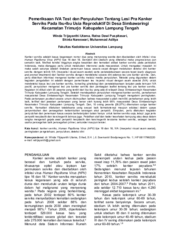 (PDF) Pemeriksaan IVA Test dan Penyuluhan Tentang Lesi Pra Kanker ...
