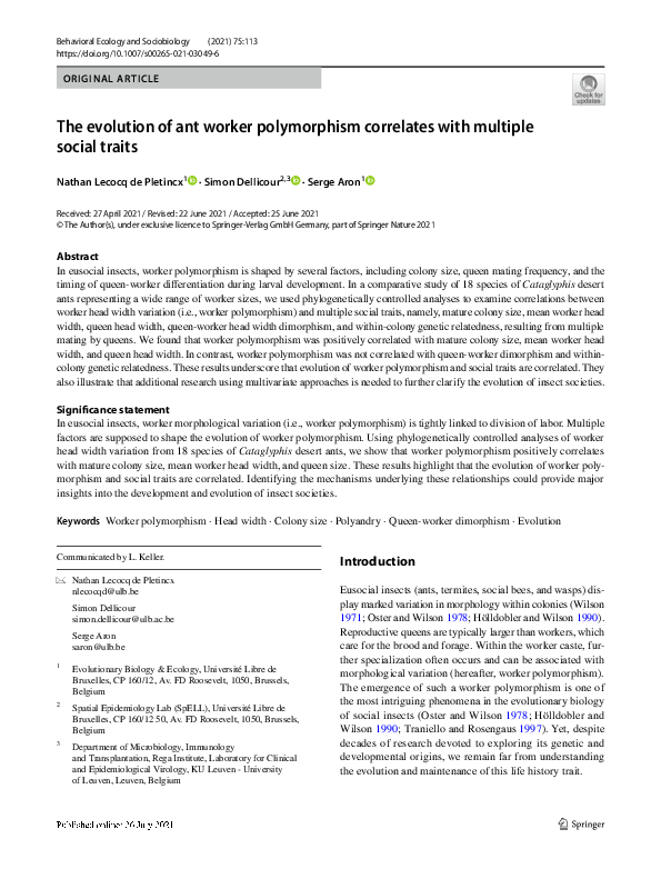 (PDF) The evolution of ant worker polymorphism correlates with multiple ...