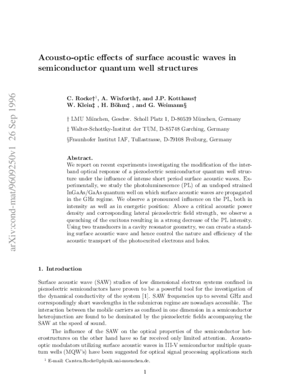 (PDF) Acousto-optic effects of surface acoustic waves in semiconductor quantum well structures
