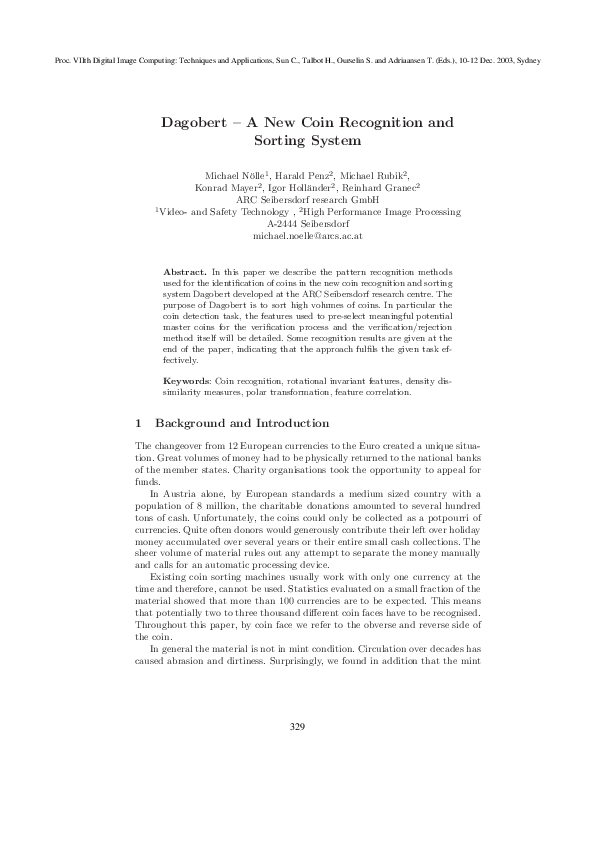(PDF) Dagobert - A New Coin Recognition and Sorting System