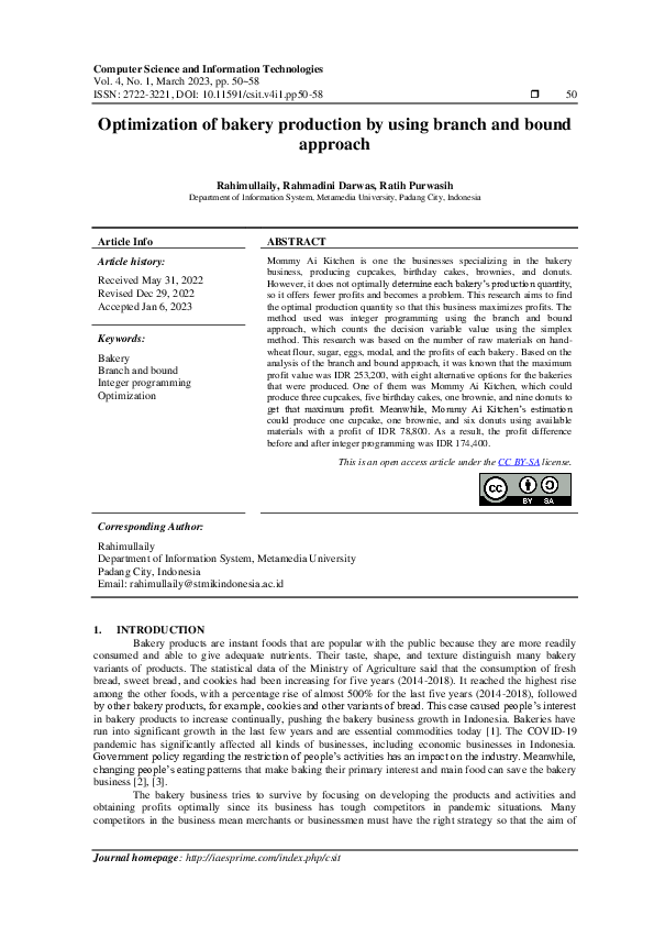(PDF) Optimization of bakery production by using branch and bound approach
