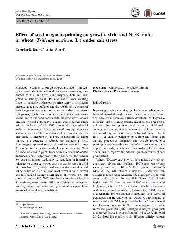 (PDF) Effect of seed magneto-priming on growth, yield and Na/K ratio in ...