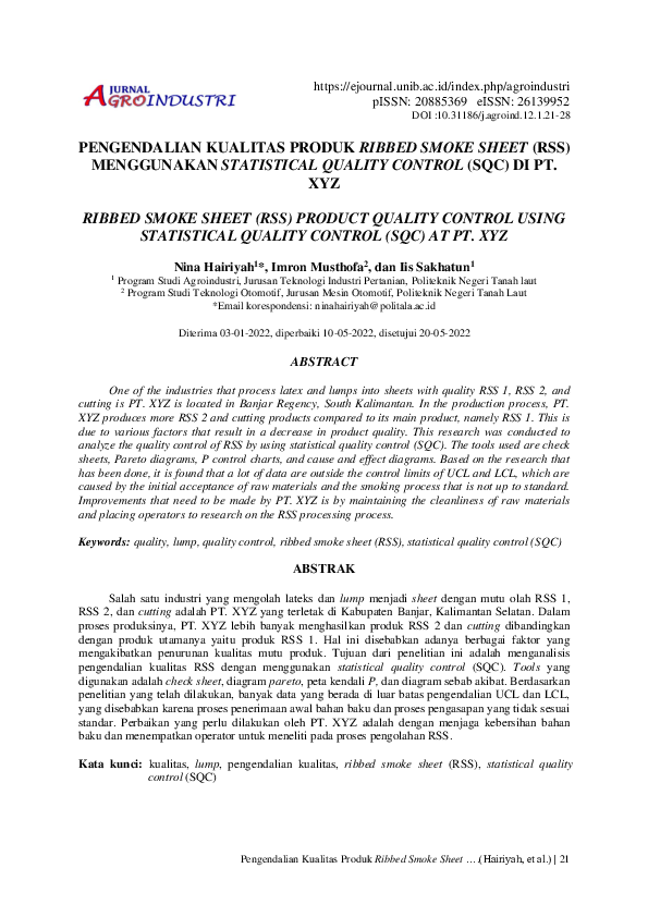 (PDF) Ribbed Smoke Sheet (RSS) Product Quality Control Using ...