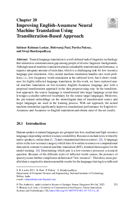 (PDF) Improving English-Assamese Neural Machine Translation Using Transliteration-Based Approach