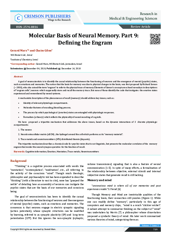 (PDF) Molecular Basis of Neural Memory. Part 9: Defining the Engram