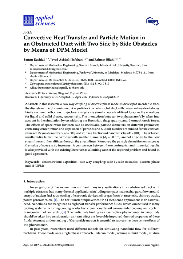 (PDF) Convective Heat Transfer and Particle Motion in an Obstructed ...