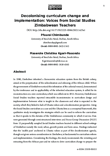 (PDF) Decolonising curriculum change and implementation: Voices from Social Studies Zimbabwean ...