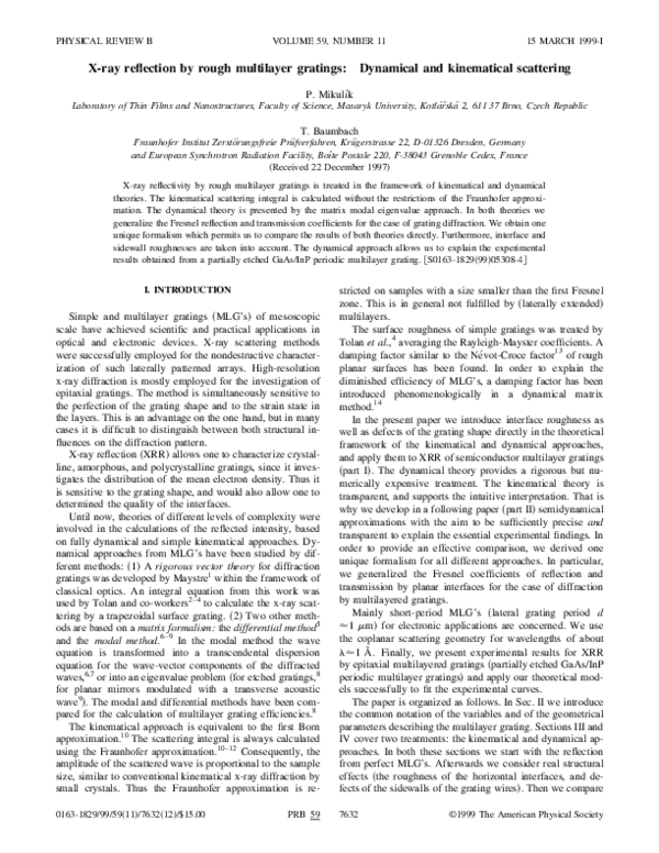 (PDF) X-ray reflection by rough multilayer gratings: Dynamical and kinematical scattering