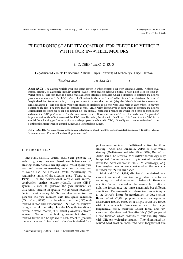 (PDF) Electronic stability control for electric vehicle with four in ...
