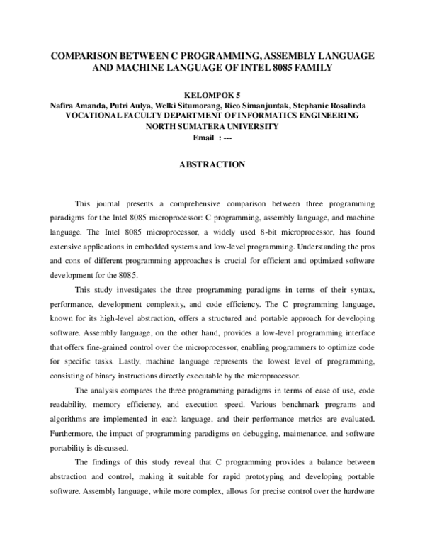 (PDF) COMPARISON BETWEEN C PROGRAMMING, ASSEMBLY LANGUAGE AND MACHINE LANGUAGE OF INTEL 8085 FAMILY