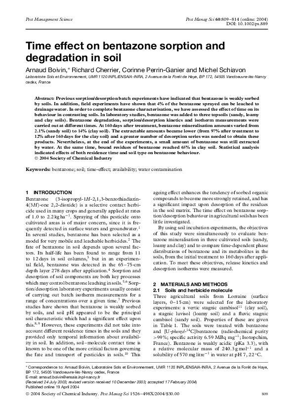 (PDF) Time effect on bentazone sorption and degradation in soil