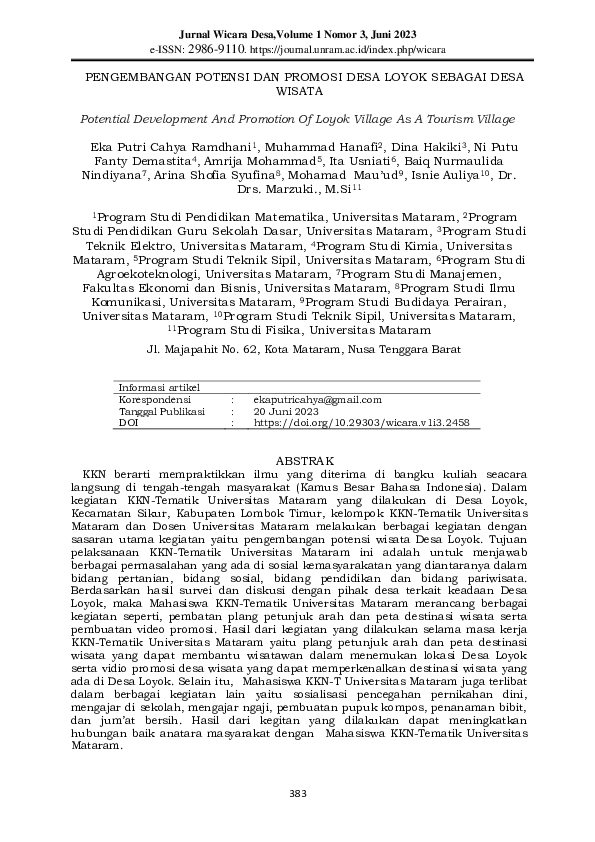(PDF) Pengembangan Potensi Dan Promosi Desa Loyok Sebagai Desa Wisata