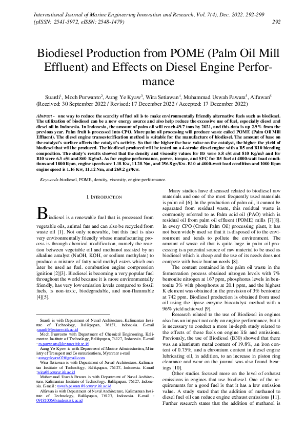 (PDF) Biodiesel Production from POME (Palm Oil Mill Effluent) and Effects on Diesel Engine ...