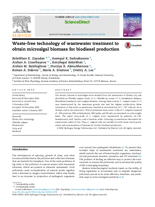 (PDF) Waste-free technology of wastewater treatment to obtain microalgal biomass for biodiesel ...
