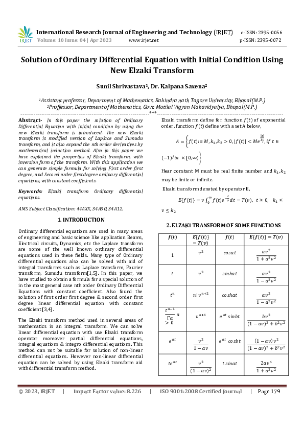 (PDF) Solution of Ordinary Differential Equation with Initial Condition Using New Elzaki Transform