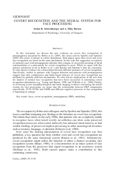(PDF) Covert Recognition and the Neural System for Face Processing