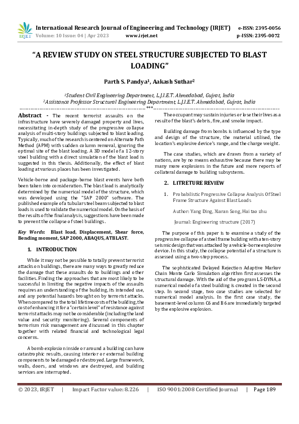 (PDF) "A REVIEW STUDY ON STEEL STRUCTURE SUBJECTED TO BLAST LOADING"