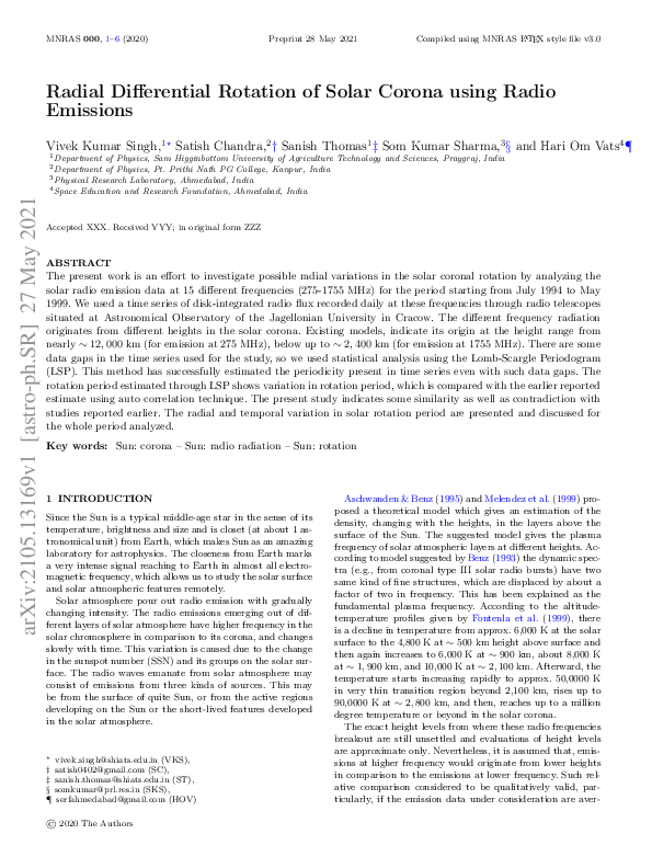 (PDF) Radial differential rotation of solar corona using radio emissions