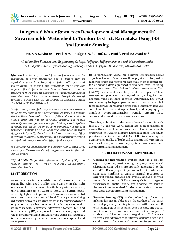 Pdf Integrated Water Resources Development And Management Of Suvarnamukhi Watershed In Tumkur