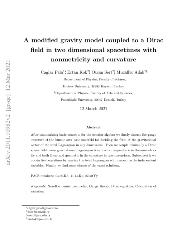 Pdf A Modified Gravity Model Coupled To A Dirac Field In 2d Space Times With Quadratic