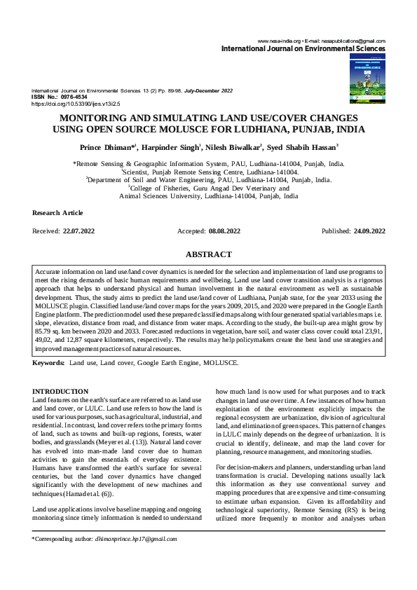 (PDF) Monitoring and Simulating Land Use/Cover Changes Using Open Source Molusce for Ludhiana ...