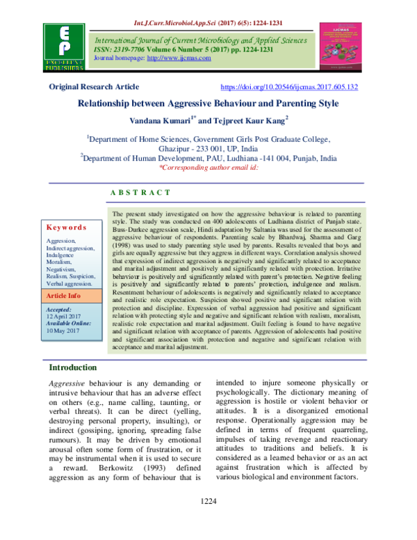 (PDF) Relationship between Aggressive Behaviour and Parenting Style