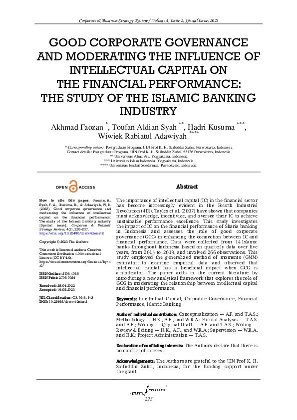 (PDF) Good corporate governance and moderating the influence of intellectual capital on the ...