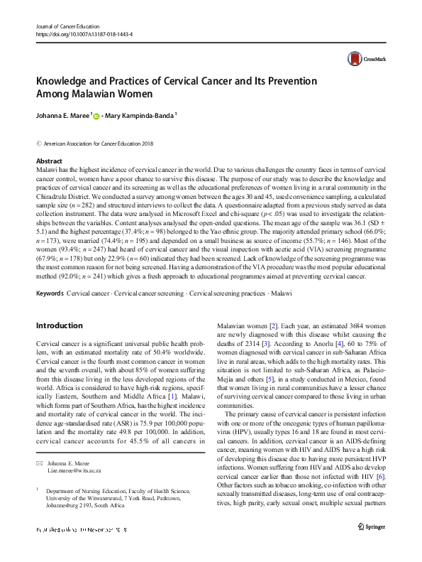 (PDF) Knowledge and Practices of Cervical Cancer and Its Prevention Among Malawian Women | Mary ...