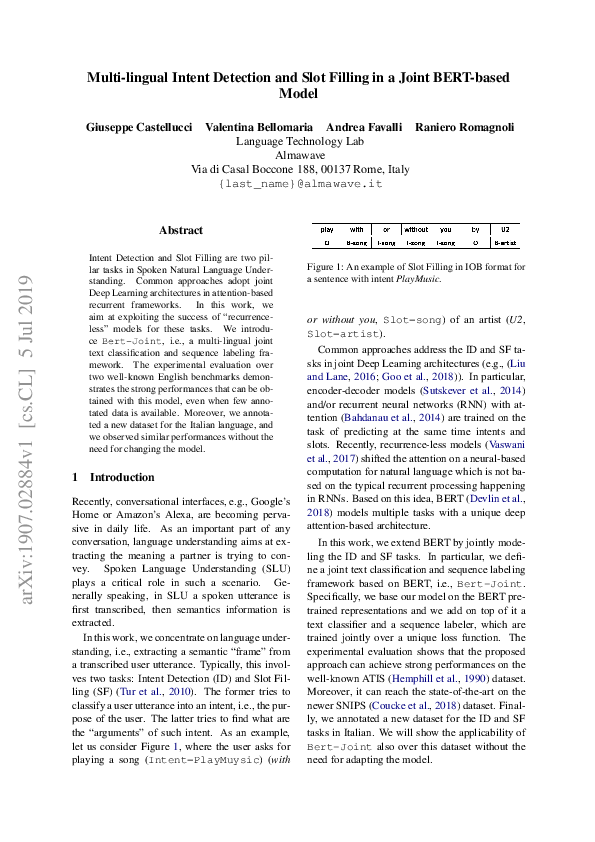 Pdf Multi Lingual Intent Detection And Slot Filling In A Joint Bert Based Model Raniero