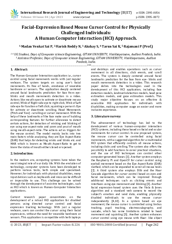 Pdf Facial Expression Based Mouse Cursor Control For Physically Challenged Individuals A