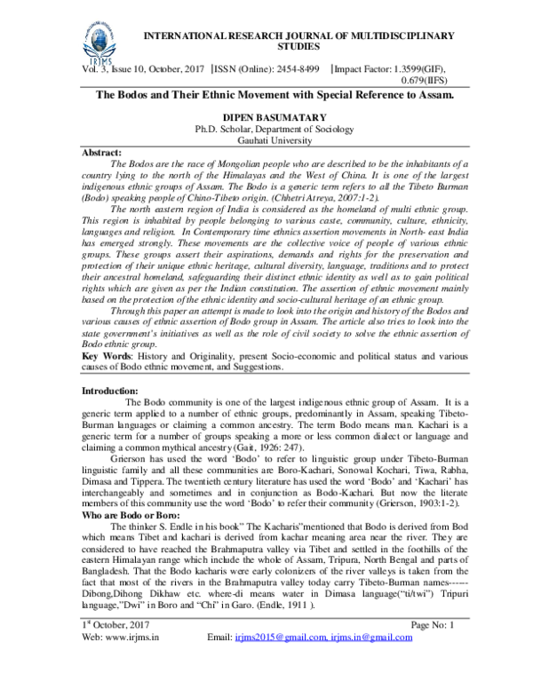 (PDF) The Bodos and Their Ethnic Movement with Special Reference to Assam