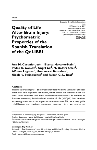 (PDF) Quality of Life After Brain Injury: Psychometric Properties of ...