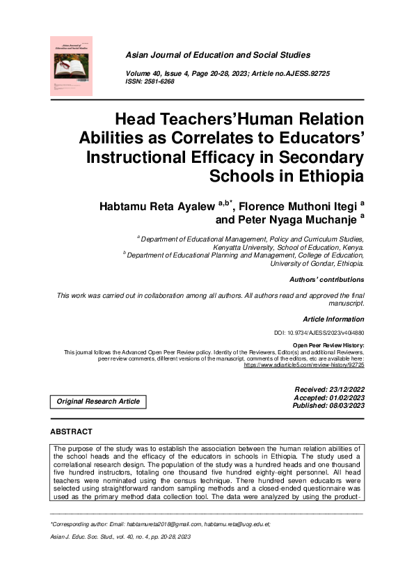 (PDF) Head Teachers’Human Relation Abilities as Correlates to Educators ...