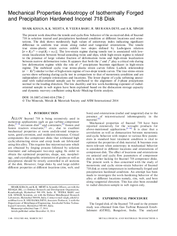 (PDF) Mechanical Properties Anisotropy of Isothermally Forged and Precipitation Hardened Inconel ...