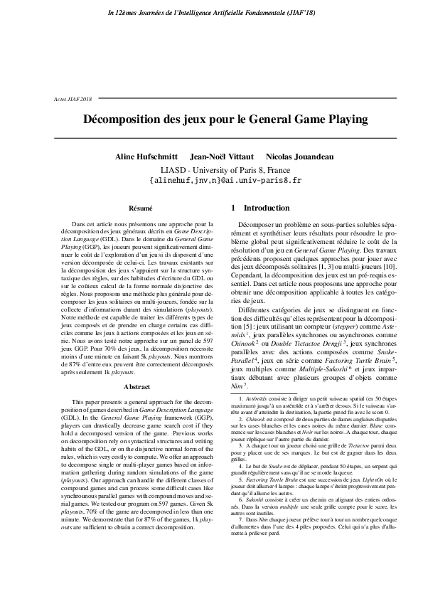 (PDF) Décomposition des jeux pour le General Game Playing