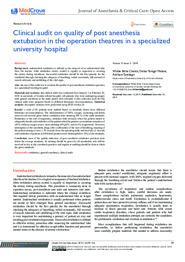 (PDF) Clinical audit on quality of post anesthesia extubation in the ...
