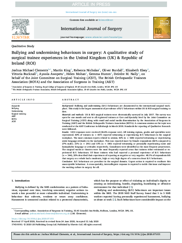 (PDF) Bullying and undermining behaviours in surgery: A qualitative ...