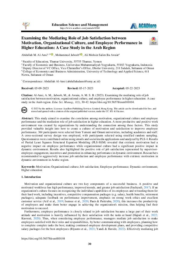 (PDF) Examining the Mediating Role of Job Satisfaction between Motivation, Organizational ...
