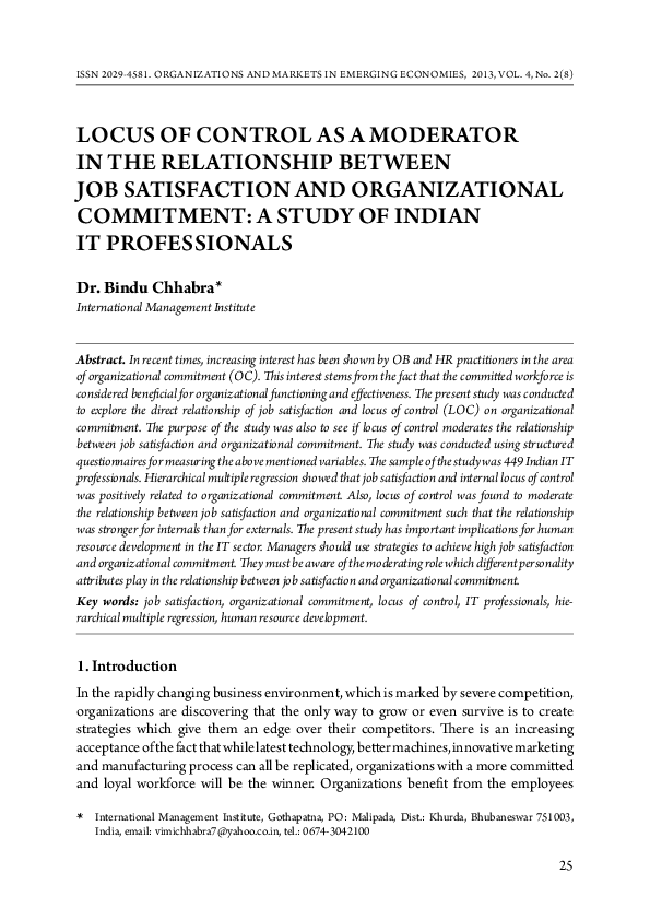 (PDF) Locus of Control as a Moderator in the Relationship Between Job Satisfaction and ...