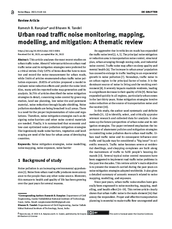 (PDF) Urban road traffic noise monitoring, mapping, modelling, and mitigation: A thematic review