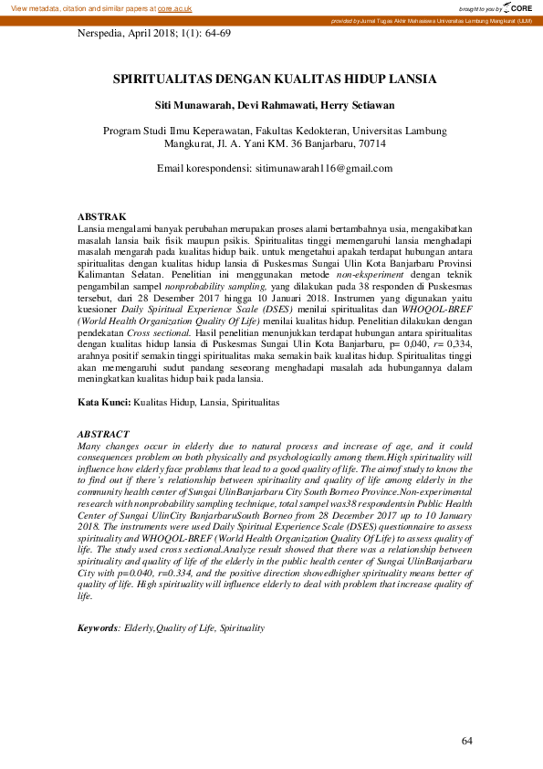 (PDF) Spiritualitas Dengan Kualitas Hidup Lansia