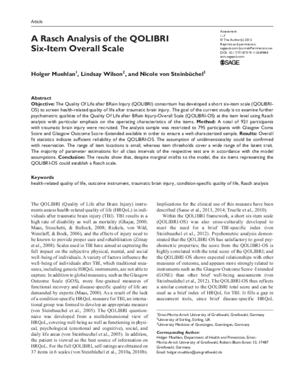 (PDF) A Rasch Analysis of the QOLIBRI Six-Item Overall Scale