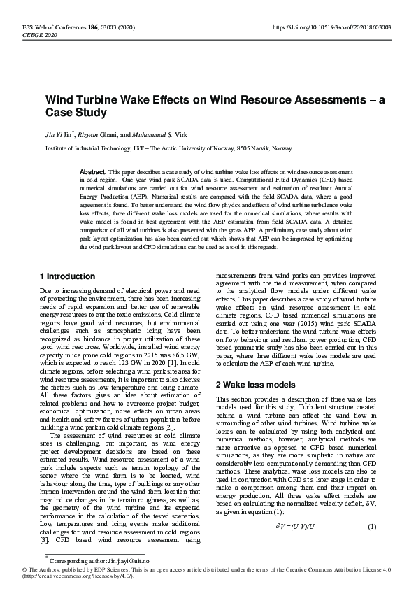 (PDF) Wind Turbine Wake Effects on Wind Resource Assessments – a Case Study