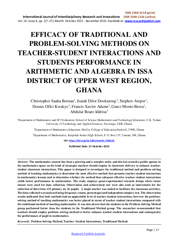 (PDF) Efficacy of Traditional and Problem-Solving Methods on Teacher-Student Interactions and ...
