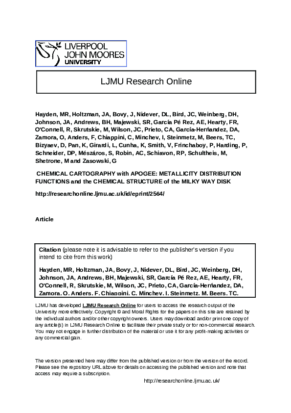 (PDF) Chemical Cartography with Apogee: Metallicity Distribution ...
