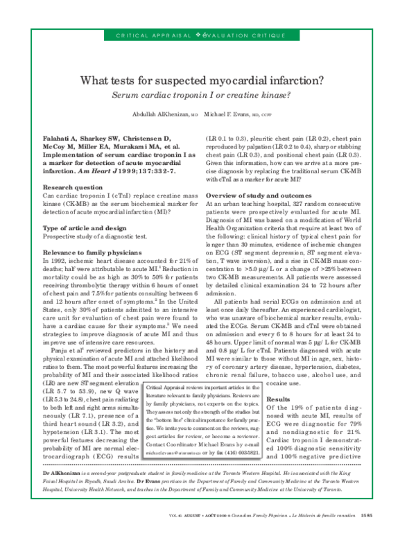 (PDF) What tests for suspected myocardial infarction? Serum cardiac ...