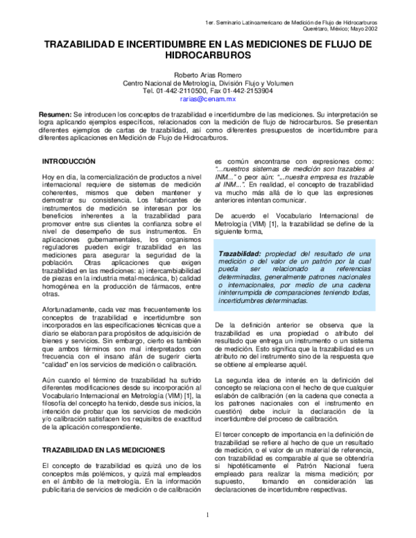 (PDF) Trazabilidad e Incertidumbre en Las Mediciones De Flujo De Hidrocarburos | Roberto Romero ...